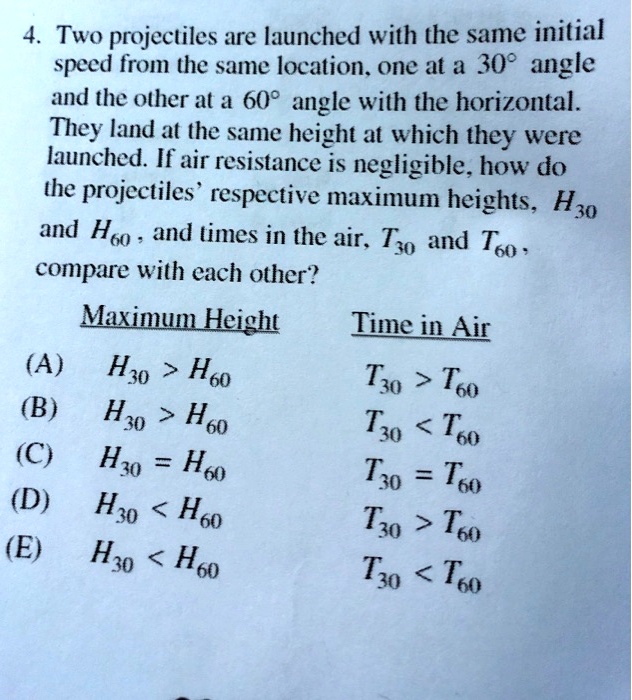 4 Two Projectiles Are Launched With The Same Initial Speed From The Same Location One At 30