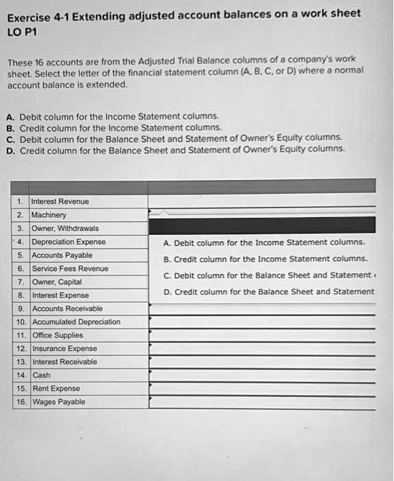 exercise 4 1 extending adjusted account balances on a work sheet lo p1 these 16 accounts are ...