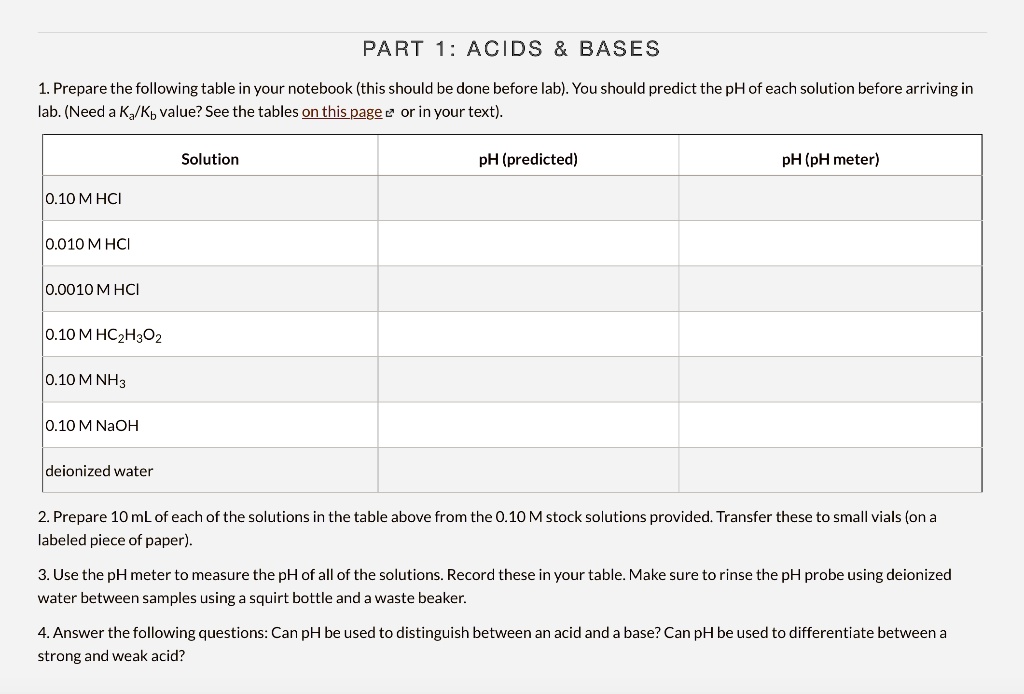 SOLVED: PART 1: ACIDS BASES 1. Prepare the following table in your notebook (this should be done ...