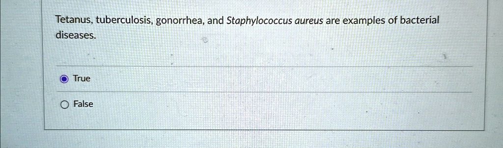 Tetanus, tuberculosis, gonorrhea, and Staphylococcus aureus are ...