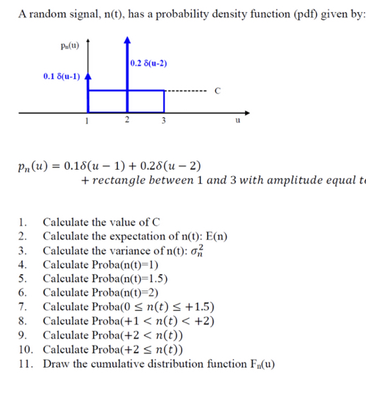 SOLVED: A random signal, n(t), has a probability density function (pdf) given by: pn(u)=0.1 δ(u ...