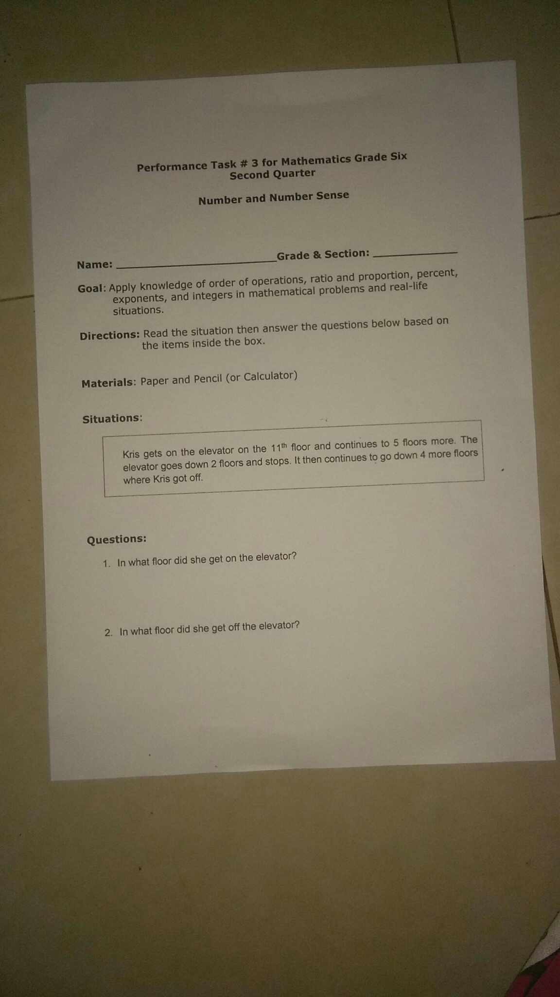 SOLVED: Performance Task # 3 for Mathematics Grade Six Second Quarter ...