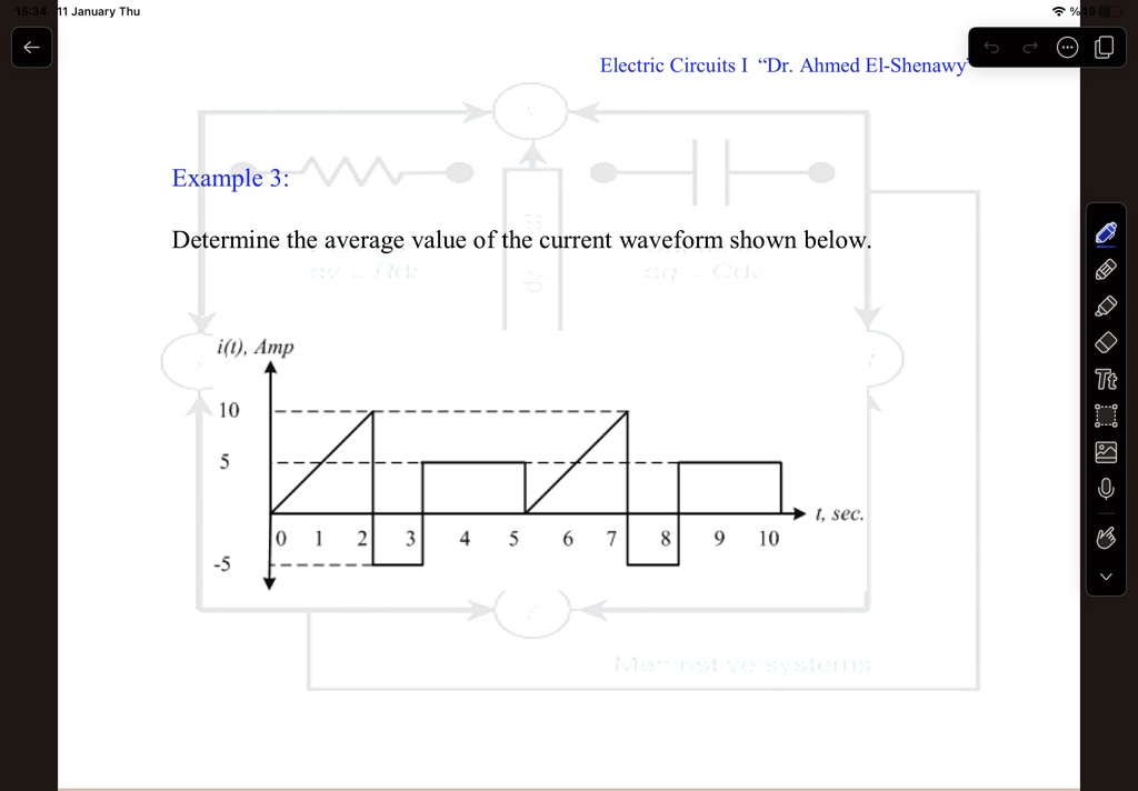 Example 3: Determine the average value of the current waveform shown below. i(t), Amp t, sec. 0 ...