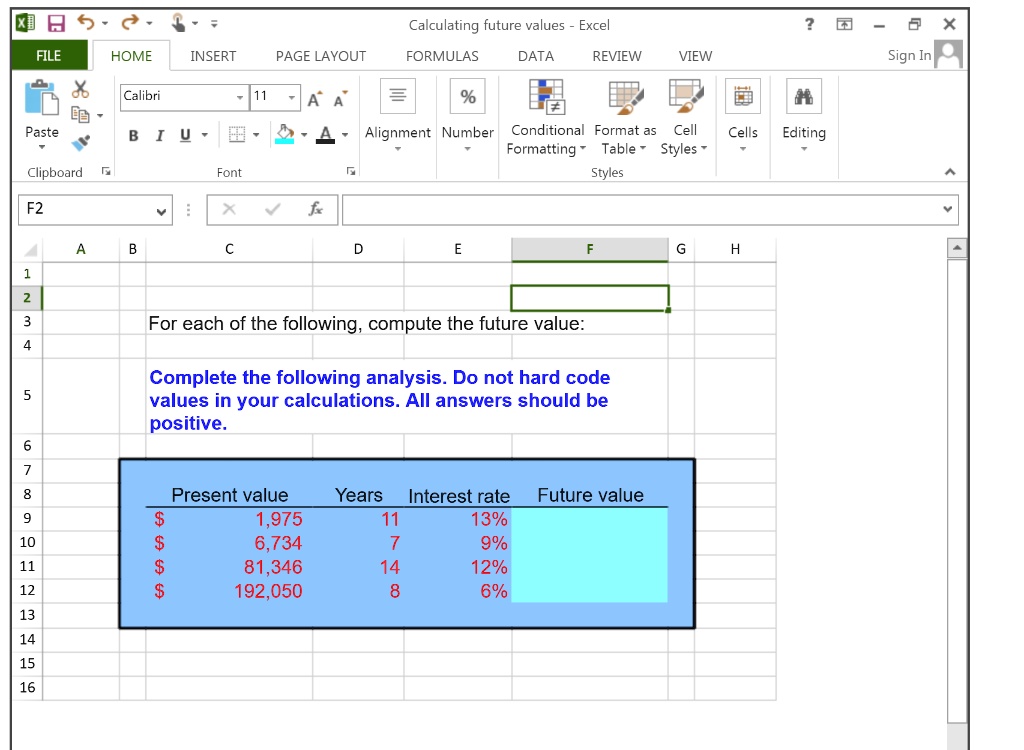 SOLVED: Calculating future values - Excel FILE HOME INSERT PAGE LAYOUT FORMULAS DATA REVIEW VIEW ...