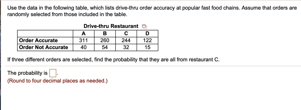 SOLVED: Use the data in the following table, which lists drive-thru order accuracy at popular ...