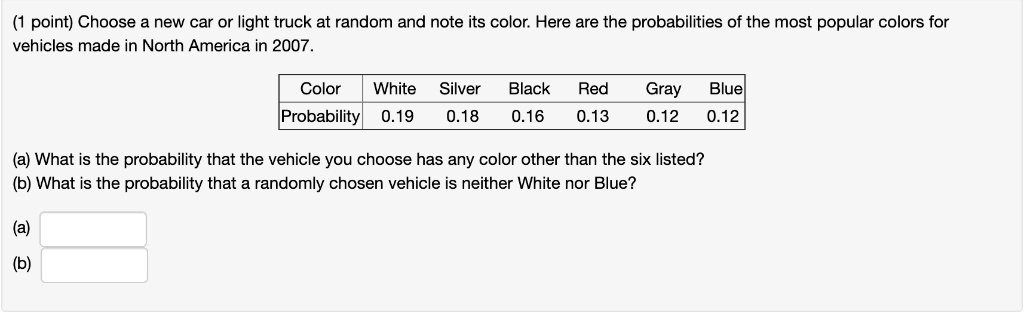 SOLVED: point) Choose new car Or light truck at random and note its ...