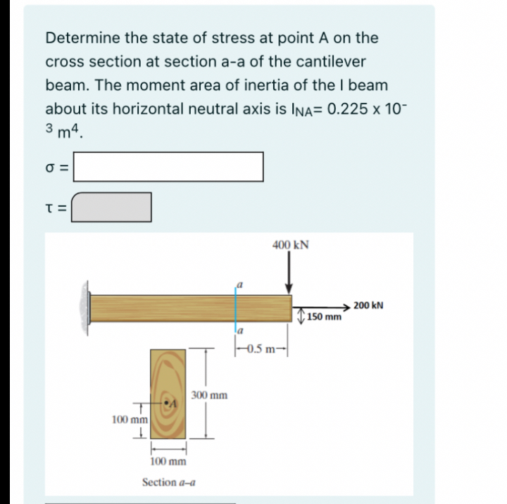 Determine the state of stress at point A on the cross section at ...