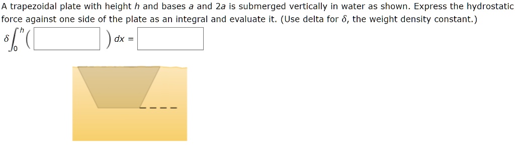 A trapezoidal plate with height h and bases a and 2a is submerged ...