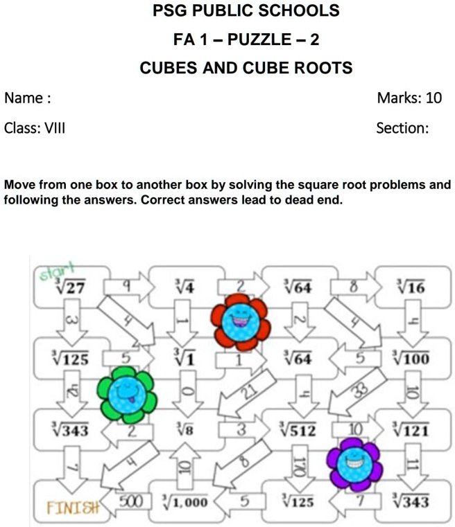 SOLVED: Cube and Cube Roots Maze PSG PUBLIC SCHOOLS FA 1 - PUZZLE 2 ...