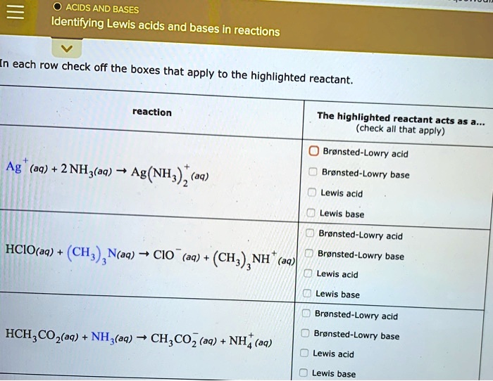 SOLVED:ACIDS AND BASES Identifying Lewis acids and bases In reactilons In each row check off the ...
