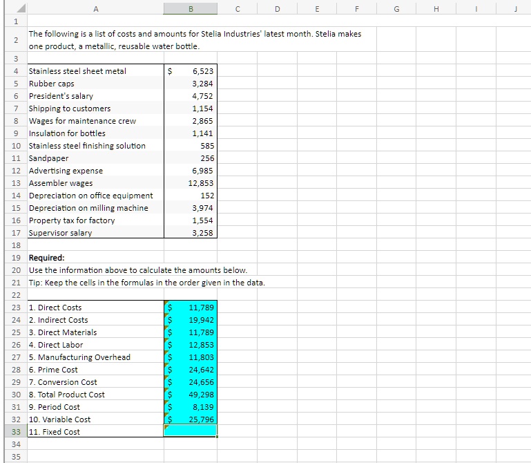 the following is a list of costs and amounts for stelia industries ...