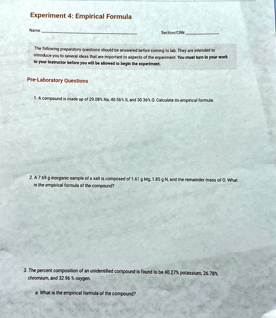 experiment 4 empirical formula name sectioncrn the following ...