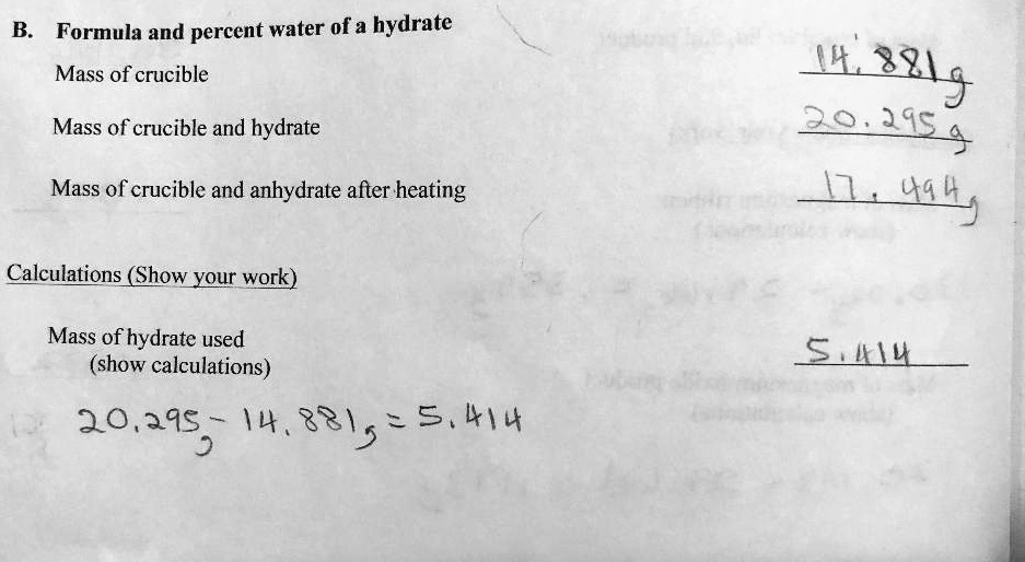 formula and percent water ofa hydrate mass of crucible mass of crucible ...