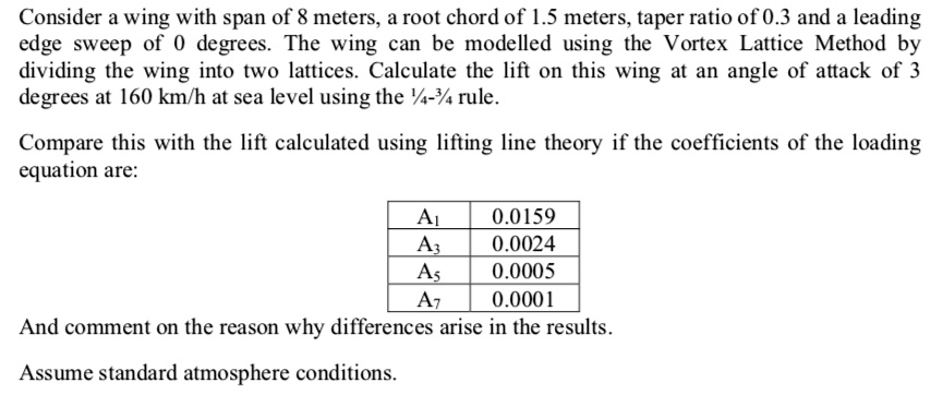 Consider a wing with span of 8 meters, a root chord of 1.5 meters ...