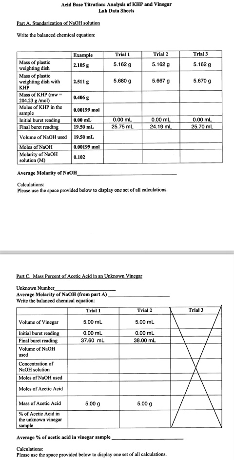 acid base titration analysis of khp and vinegar lab data sheets part a standardization of naoh ...