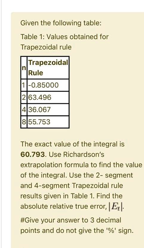 SOLVED:Given the following table: Table 1: Values obtained for ...