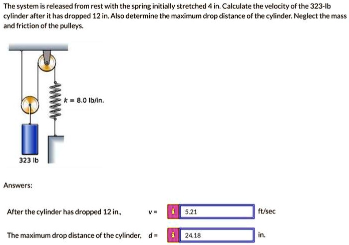 SOLVED: The system is released from rest with the spring initially stretched 4 in. Calculate the ...