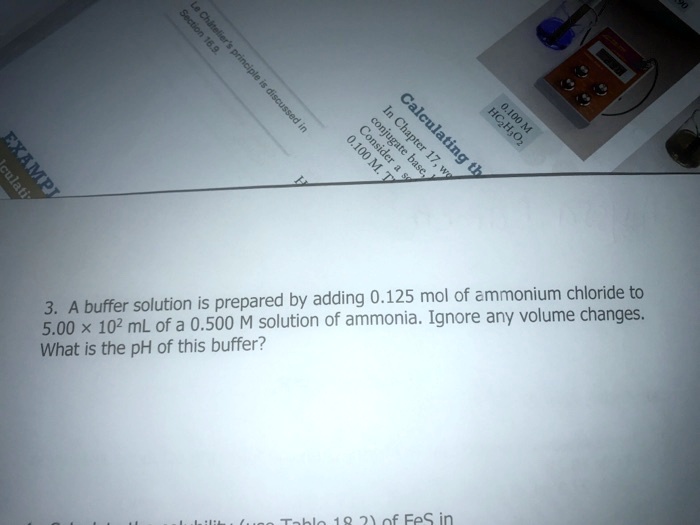 3. A buffer solution is prepared by adding 0.125 mol of ammonium chloride to 5.00 ×10^2 mL of a ...