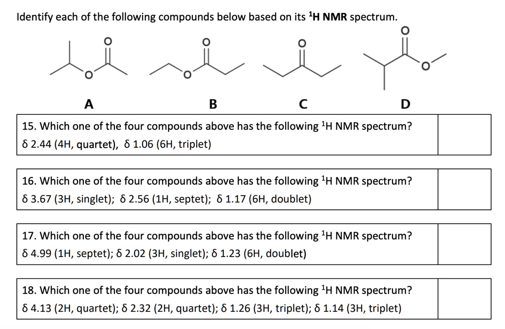 SOLVED: Text: Identify each of the following compounds below based on its 1H NMR spectrum. A B ...