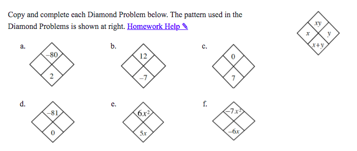 Copy and complete each Diamond Problem below. The pattern used in the Diamond Problems is shown ...