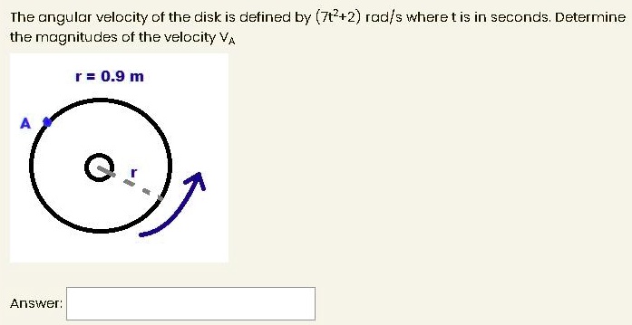 SOLVED: The angular velocity of the disk is defined by (7t2+2) rad/s where t is in seconds ...