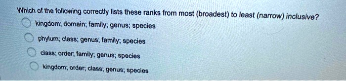 SOLVED: Which of the following correctly lists these ranks from most ...