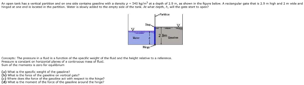 SOLVED: An open tank has a vertical partition and on one side contains gasoline with a density p ...
