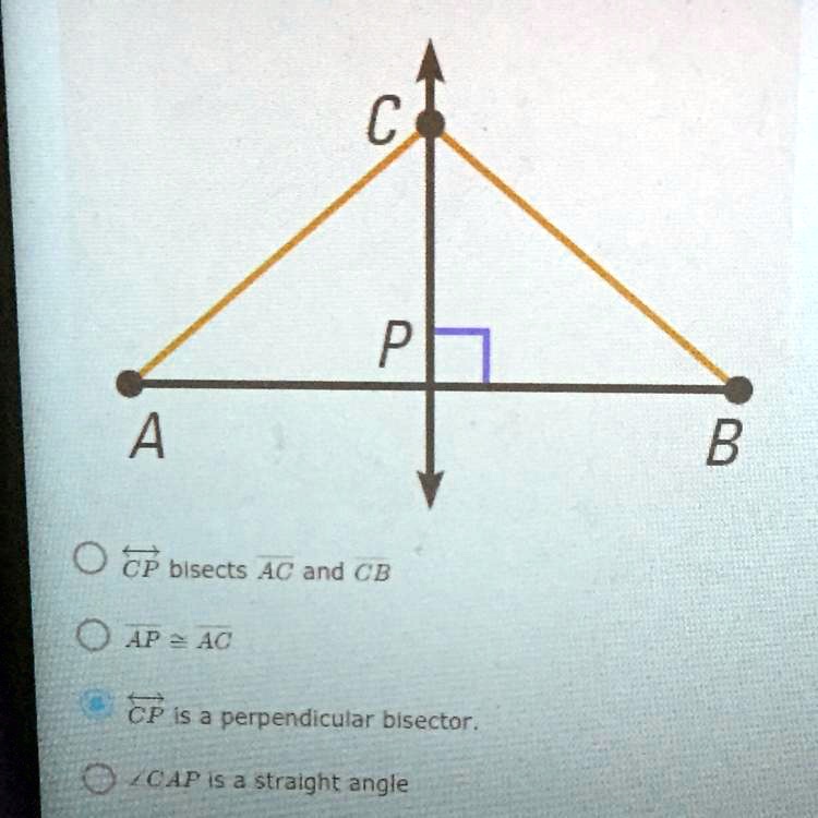 CP bisects AC and CB AP = AC CP is a perpendicular bisector. ∠CAP is a straight angle