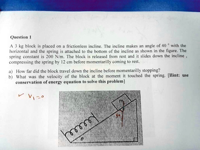 Question 1 A 3 kg block is placed on a frictionless incline. The incline makes an angle of 40 ...