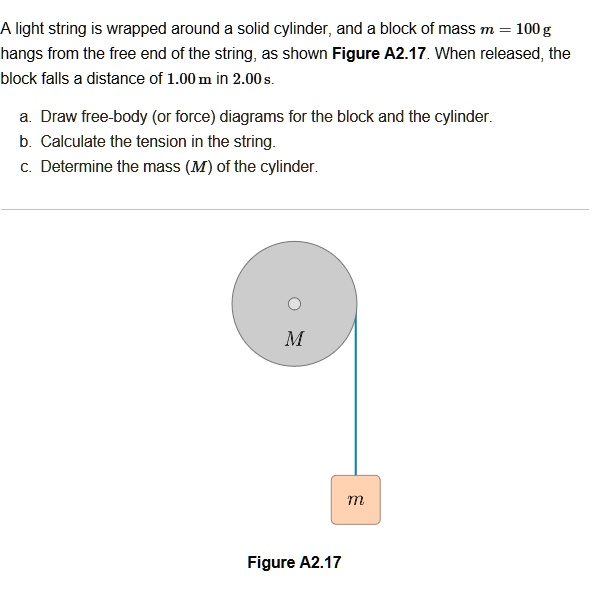 SOLVED: A light string is wrapped around a solid cylinder; and block of mass m = 100 g hangs ...