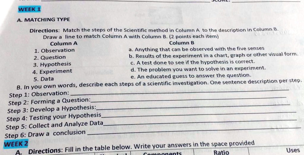 WEEK 1 A. MATCHING TYPE Directions: Match the steps of the Scientific ...