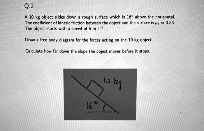 Q.2 A 10 kg object slides down a rough surface which is 16° above the horizontal. The ...