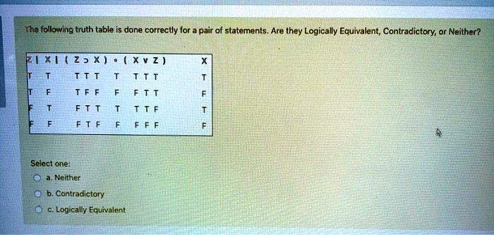 SOLVED: Vhe following truth table done correctly for pair of statements. Are they Logically ...