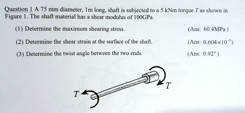 SOLVED: A 75 mm diameter, 1m long shaft is subjected to a 5 kNm torque ...