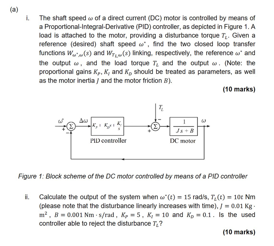 (a) i. The shaft speed ω of a direct current (DC) motor is controlled by means of a Proportional ...