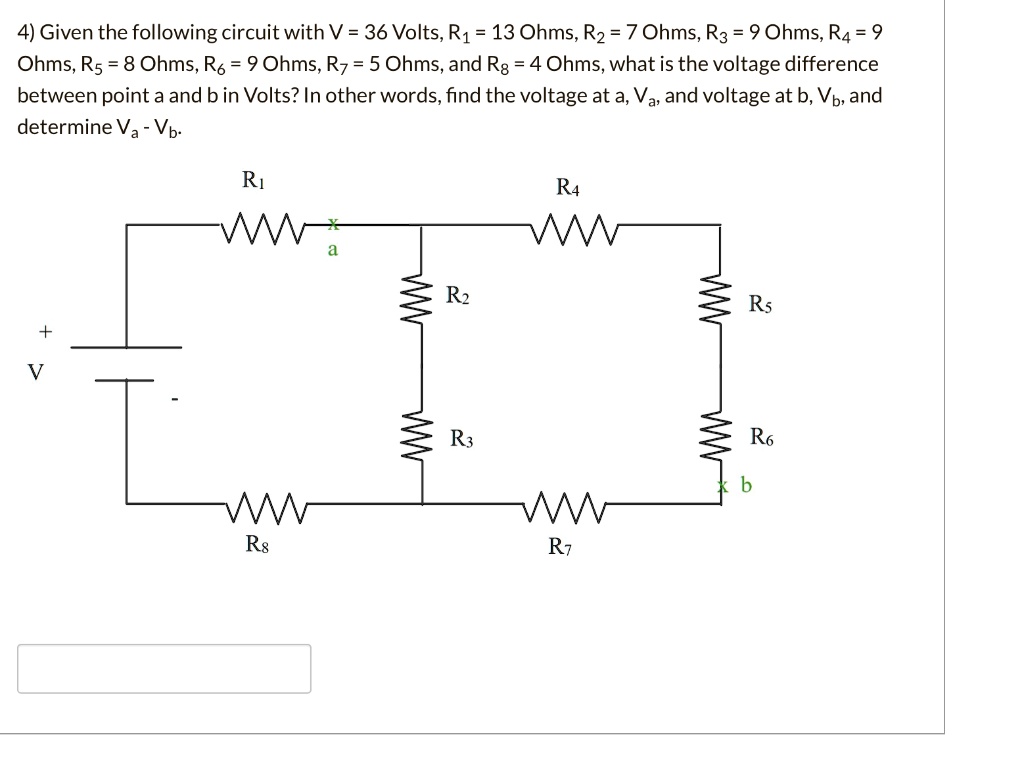 4 given the following circuit with v 36 volts r1 13 ohms rz 7 ohms r3 9 ohms r4 9 ohms r5 8 ohms ...