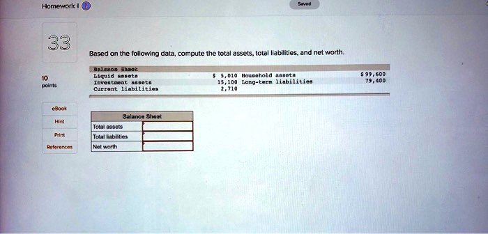homework saved 33 based on the following data compute the total assets total liabiities and net ...