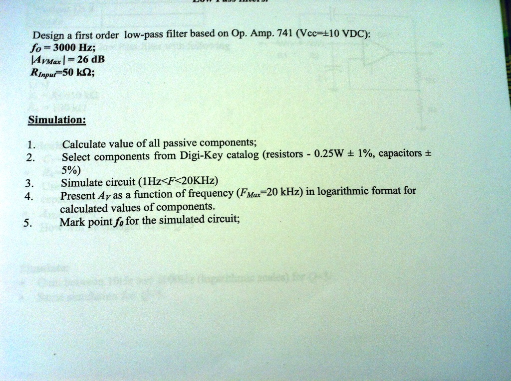 Design a first order low-pass filter based on Op. Amp. 741...