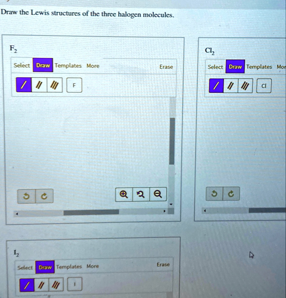 Draw the Lewis structures of the three halogen molecules: F2 Cl2