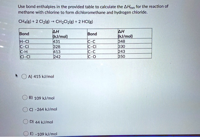 SOLVED: Use bond enthalpies in the provided table to calculate the Î ...