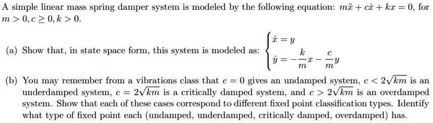 SOLVED:A simple linear mass spring damper system is modeled by the ...