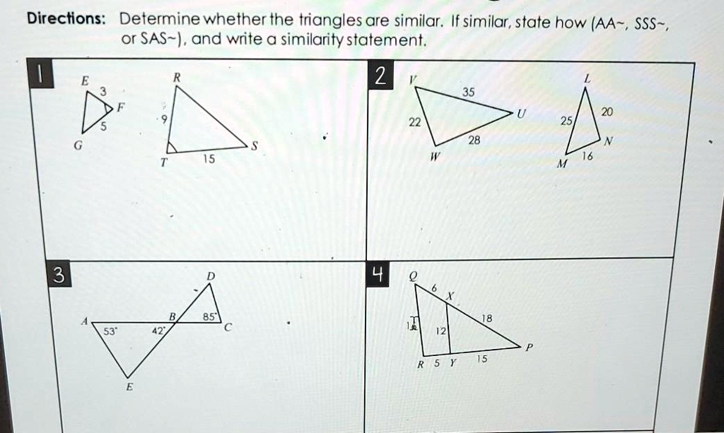 SOLVED: Directions: Determine whether the triangles are similar. If similar, state how (AA ...