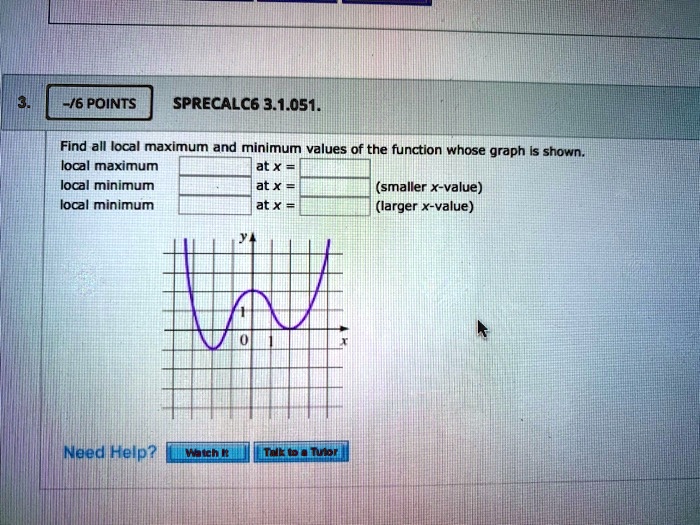 SOLVED: /6 POINTS SPRECALC6 3.1.051 Find all Iocal maximum and minimum ... SOLVED: /6 POINTS SPRECALC6 3.1.051 Find all Iocal maximum and minimum ...