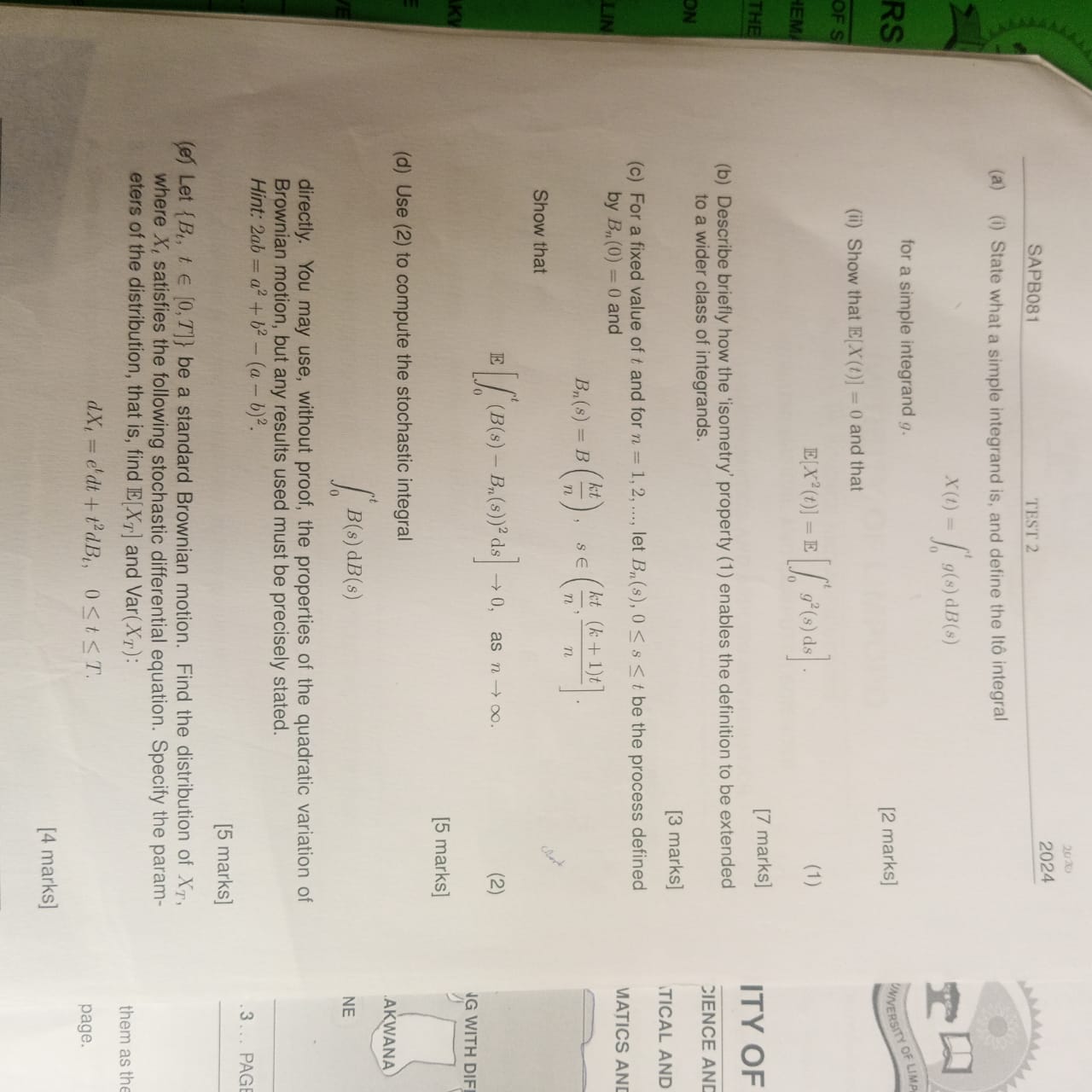 SAPB081 TEST 2 2024 (a) (i) State what a simple integrand is, and ...