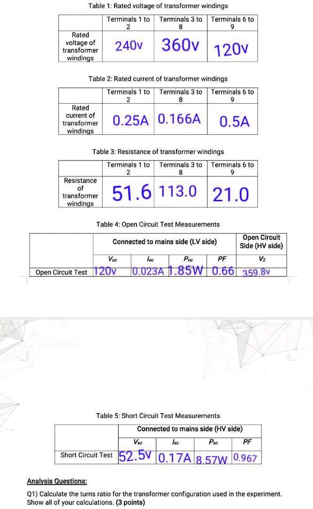 Table 1: Rated voltage of transformer windings Terminals 1 to Terminals ...