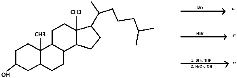 OH CH3 Br2 A? CH3 HBr B? 1. BH3, THF C? 2. H?O, ?OH