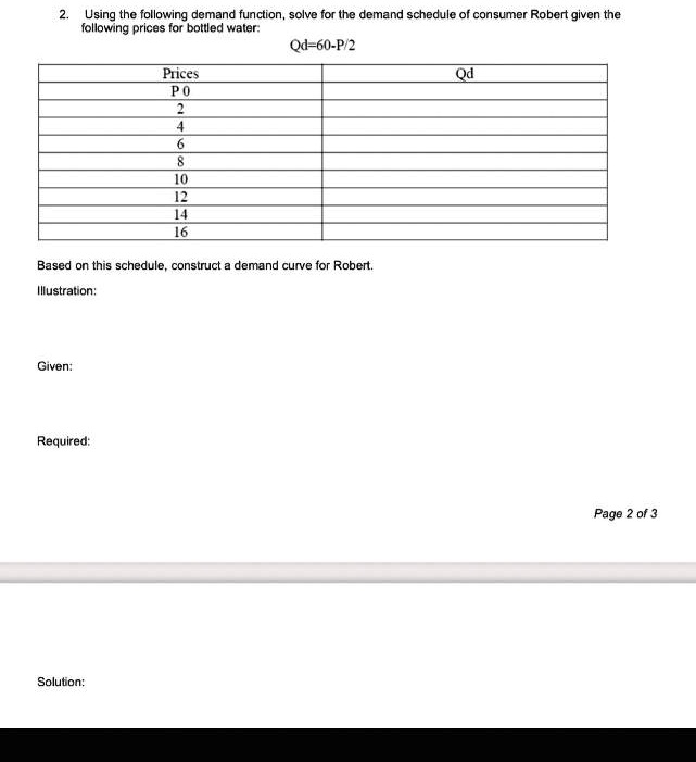 2. Using the following demand function, solve for the demand schedule of consumer Robert given ...