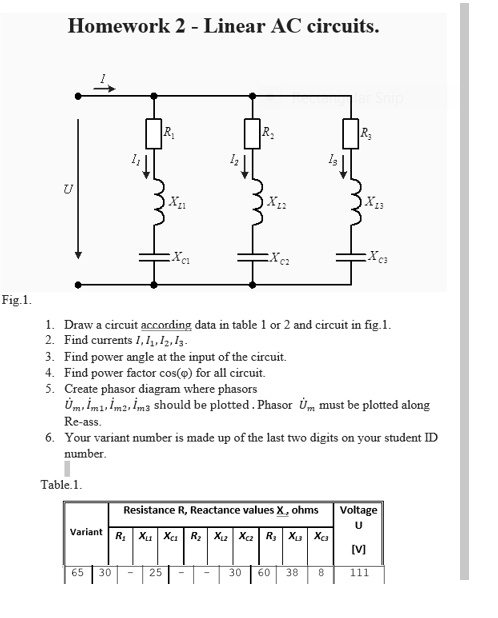 Homework 2 - Linear AC circuits. U R1 R2 I1 I2 I3 XL1 XL2 R3 XL3 XC1 XC2 XC3 Fig.1. 1. Draw a ...