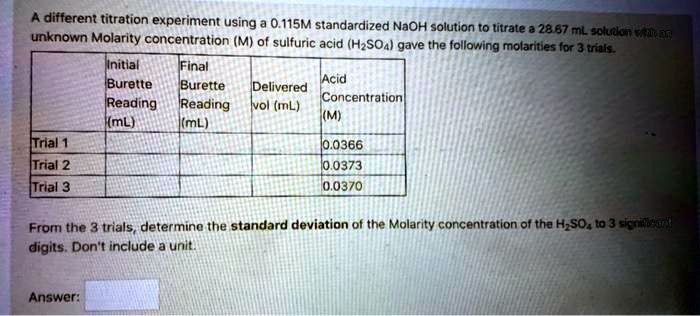 SOLVED: Different titration experiments using 0.115M standardized NaOH ...
