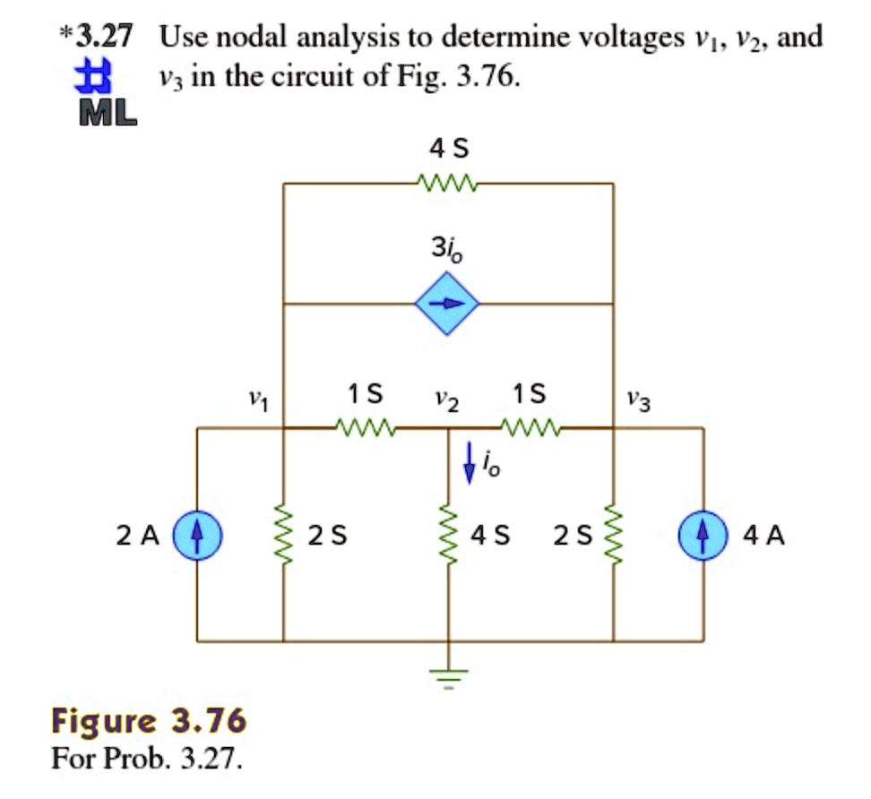 *3.27 Use nodal analysis to determine voltages v1, v2, and v3 in the circuit of Fig. 3.76.